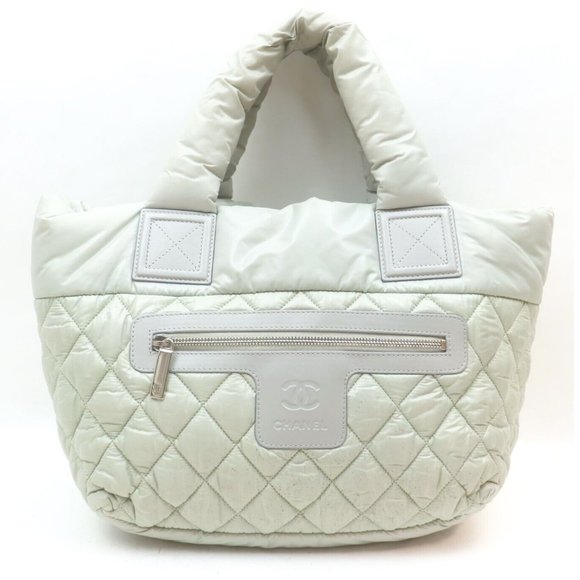 CHANEL | Bags | Chanel Hand Bag White Grey Nylon Padded Puffer Tote ...